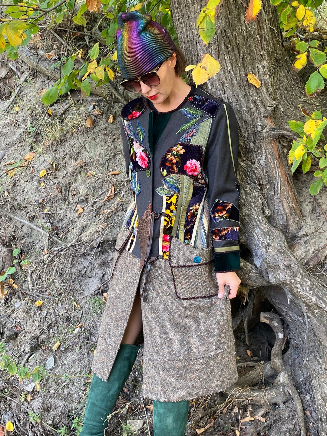 Floral Rob Patchwork Coat appliqué Embroidery Coat Black - Etsy