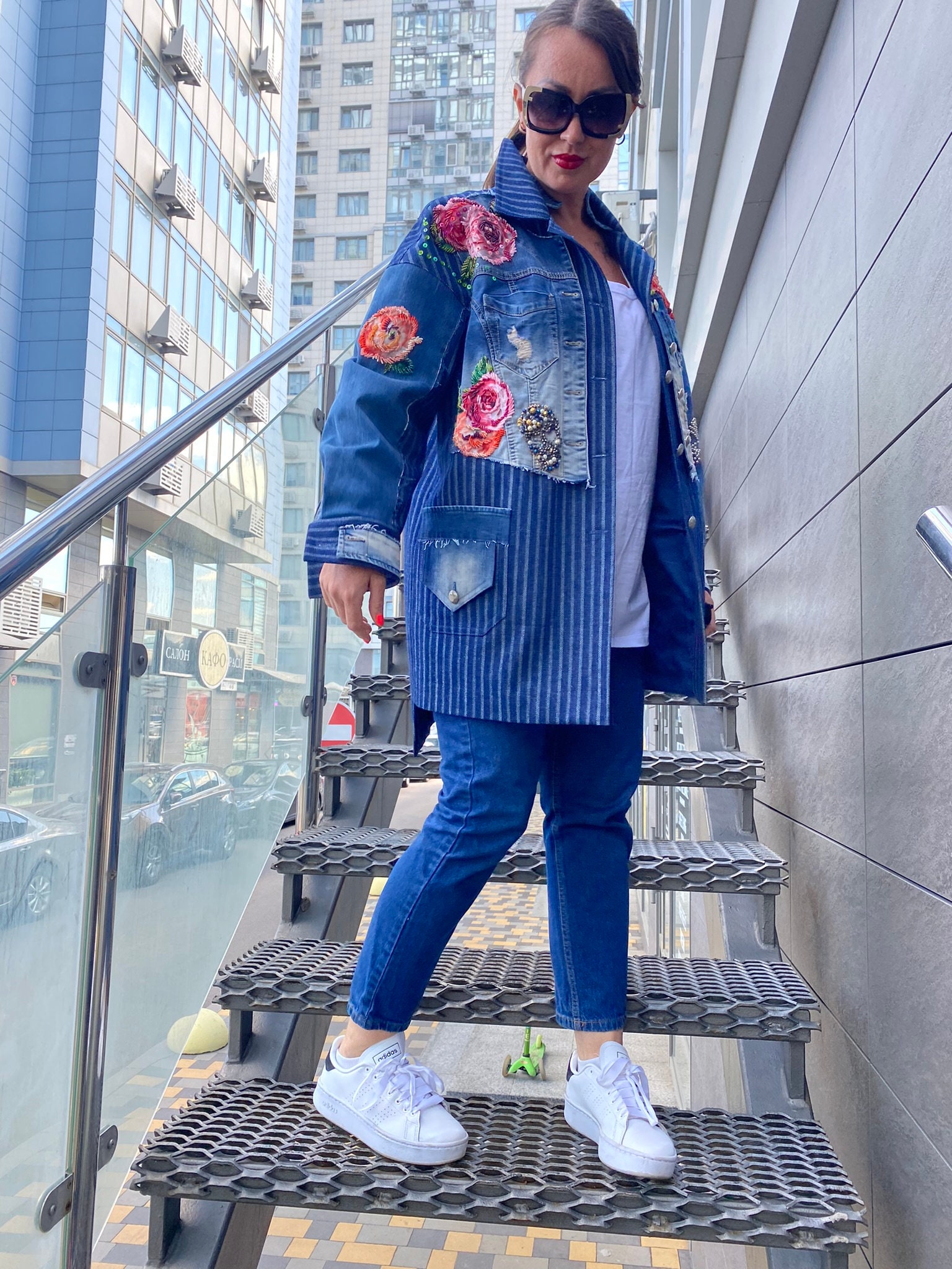 Jeans Bomber, Handmade Blazer Embroidery, Floral Appliqué, Maxi Jacket ...