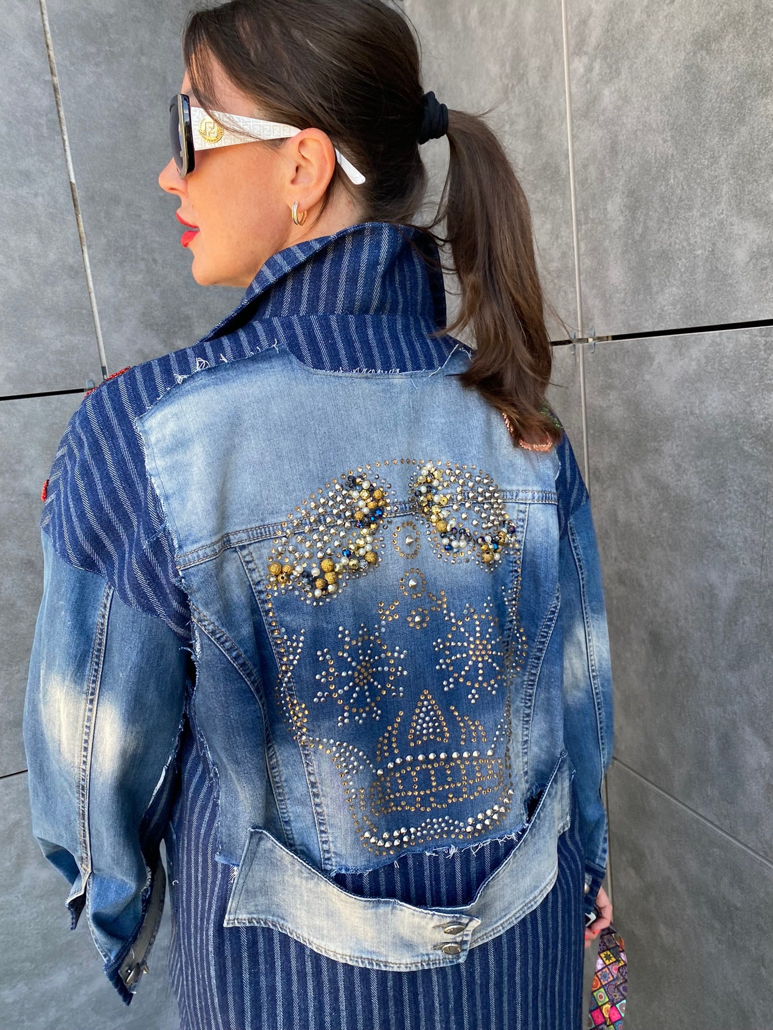 Jeans Bomber, Handmade Blazer Embroidery, Floral Appliqué, Maxi Jacket ...