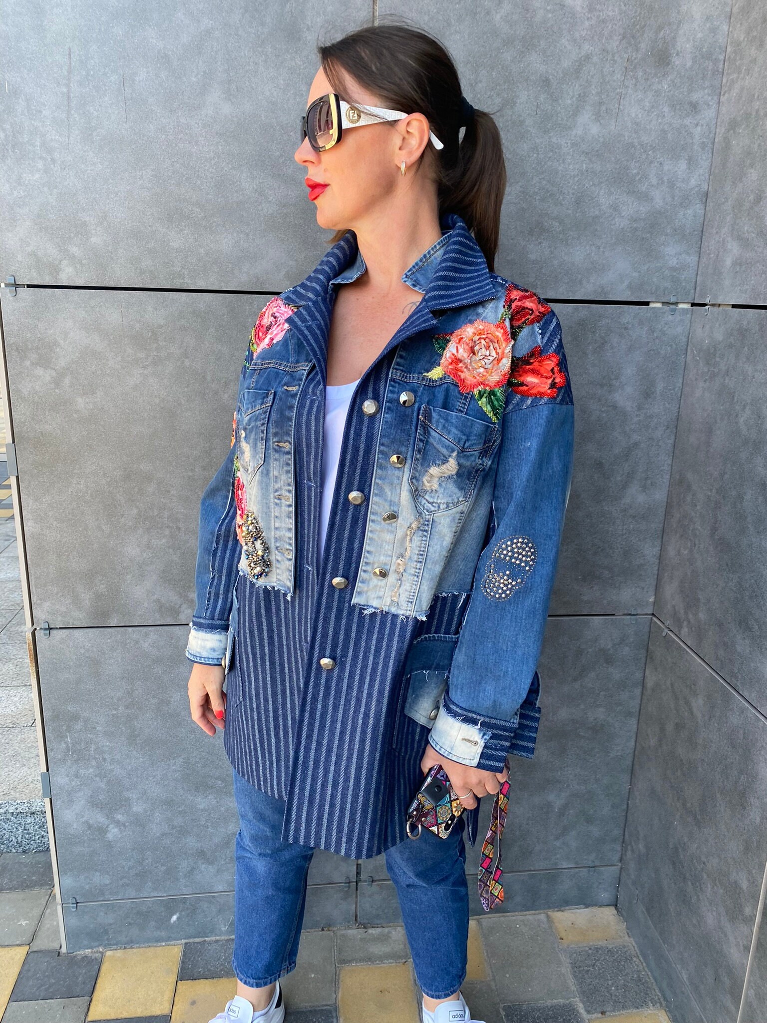 Jeans Bomber, Handmade Blazer Embroidery, Floral Appliqué, Maxi Jacket ...