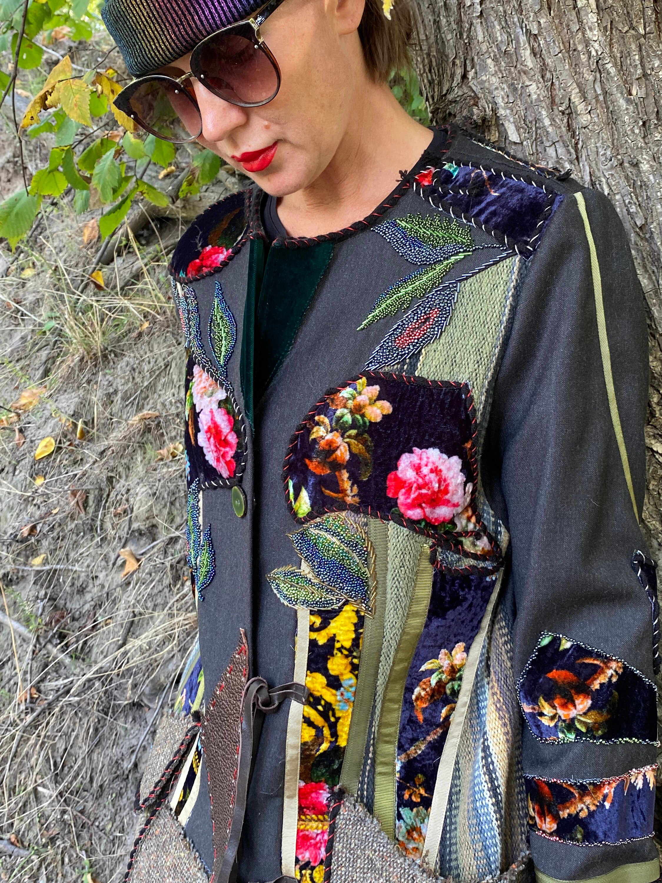Floral Rob Patchwork Coat appliqué Embroidery Coat Black - Etsy