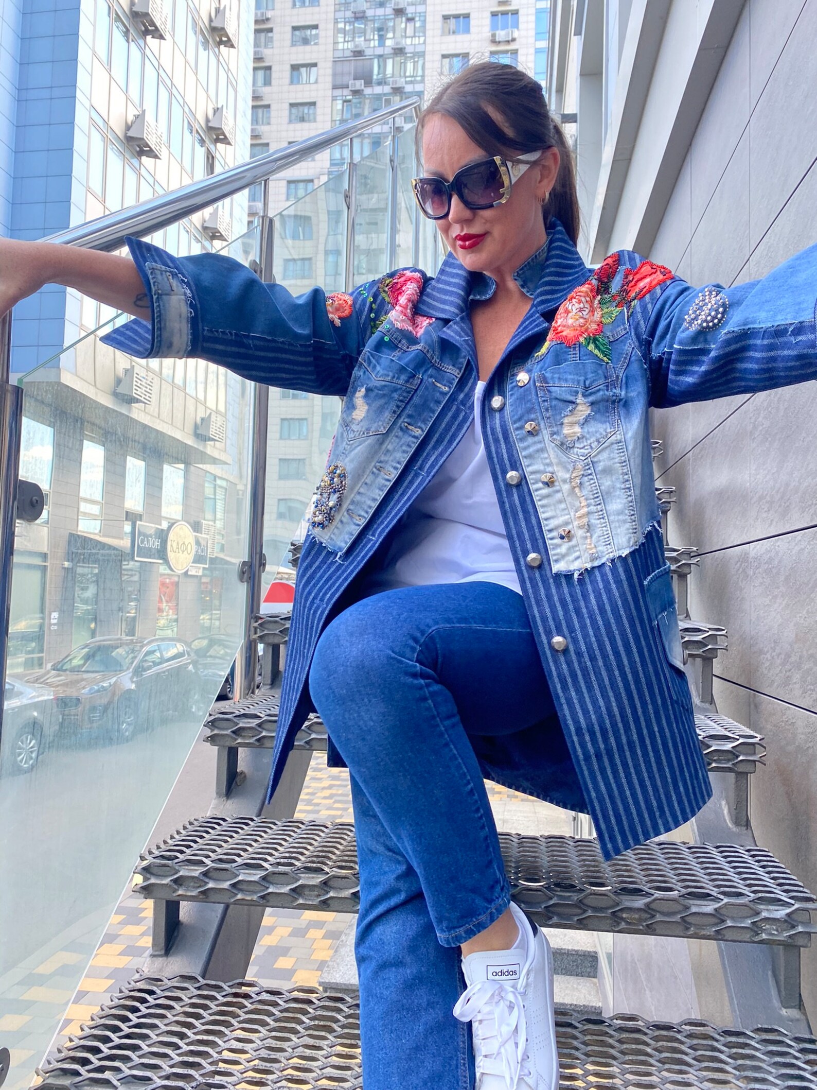 Jeans Bomber, Handmade Blazer Embroidery, Floral Appliqué, Maxi Jacket ...