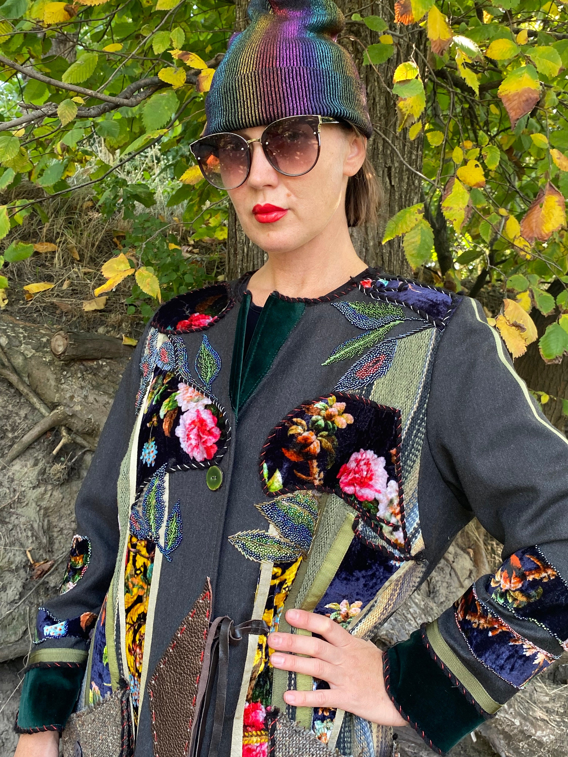 Floral Rob Patchwork Coat appliqué Embroidery Coat Black - Etsy