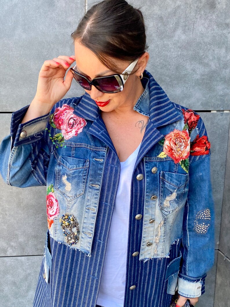 Jeans Bomber, Handmade Blazer Embroidery, Floral Appliqué, Maxi Jacket ...