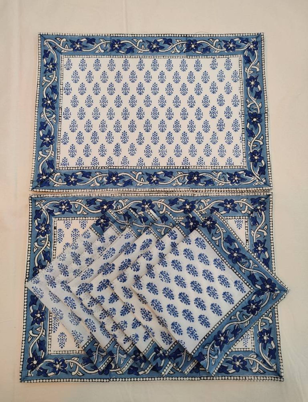Handmade Indian Block Print Placemat Set: 12-piece Cotton Table Linens ...