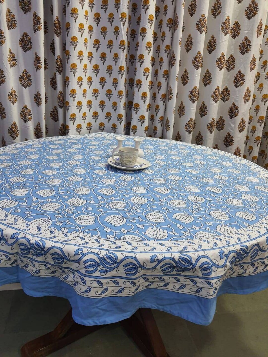 Block Printed Round Tablecloth, Floral Printed Round Tablecloth ...