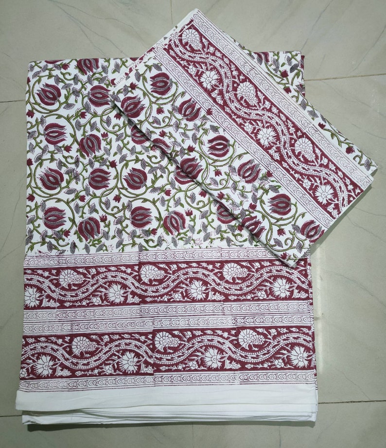 Hand Block-printed Lotus Flowers Design Bed Sheet With Fitting Pillow ...