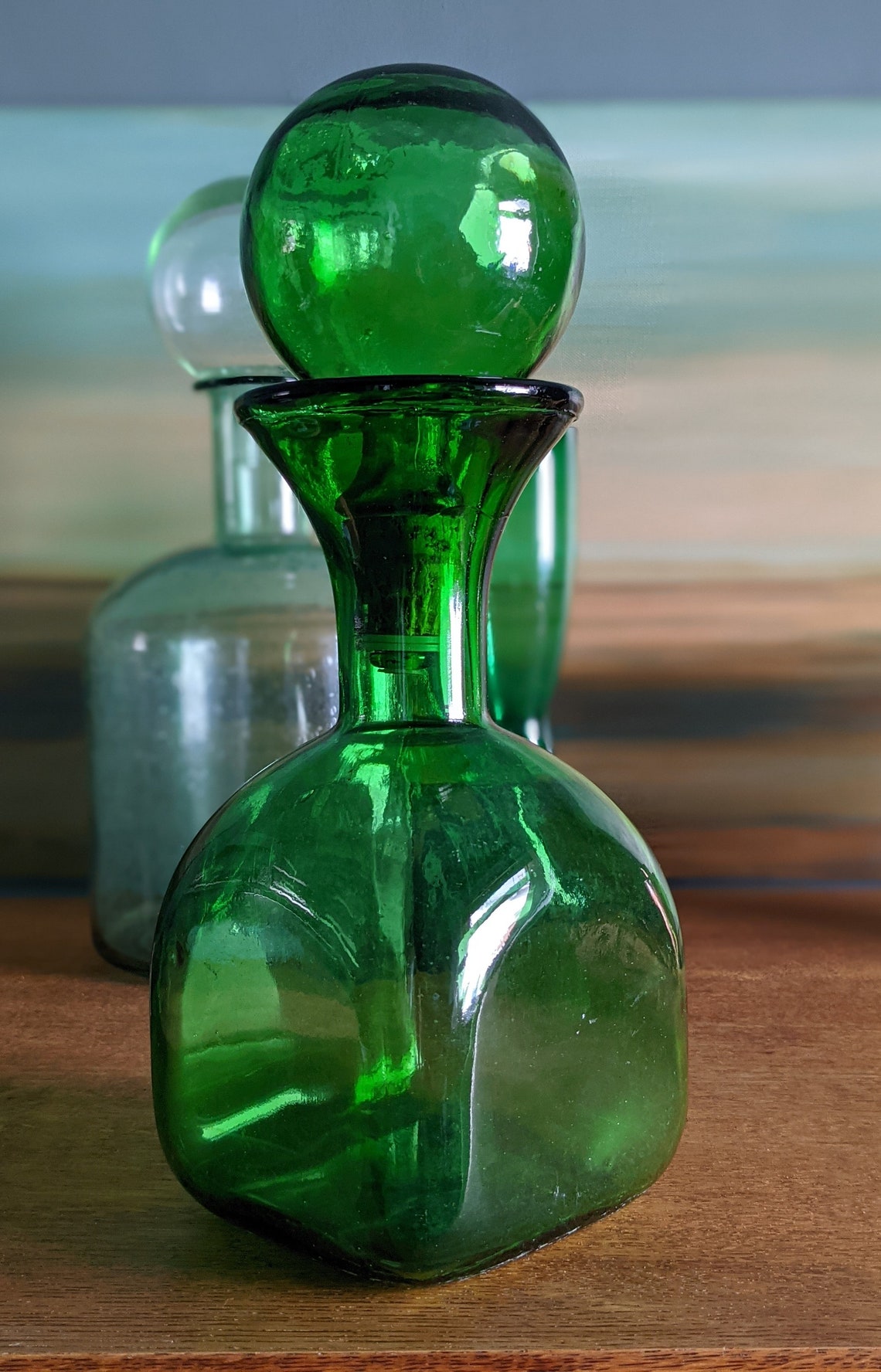 Vintage Green Glass Decanter Bubble Stopper | Etsy