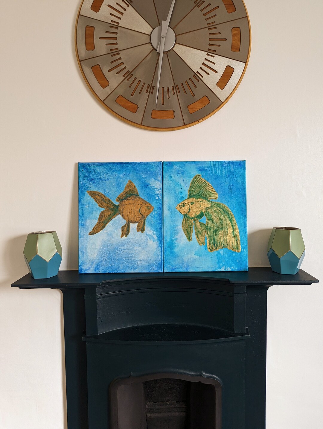 Percy Gold Leaf Gold Fish on Blue - Etsy