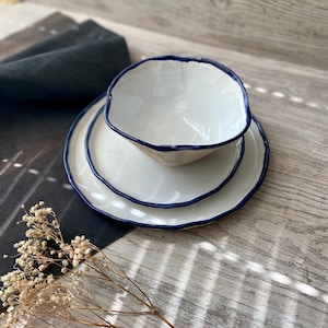 White and Blue Rim Dinnerware Set of 3 Pieces, Dinner Snack/dessert ...