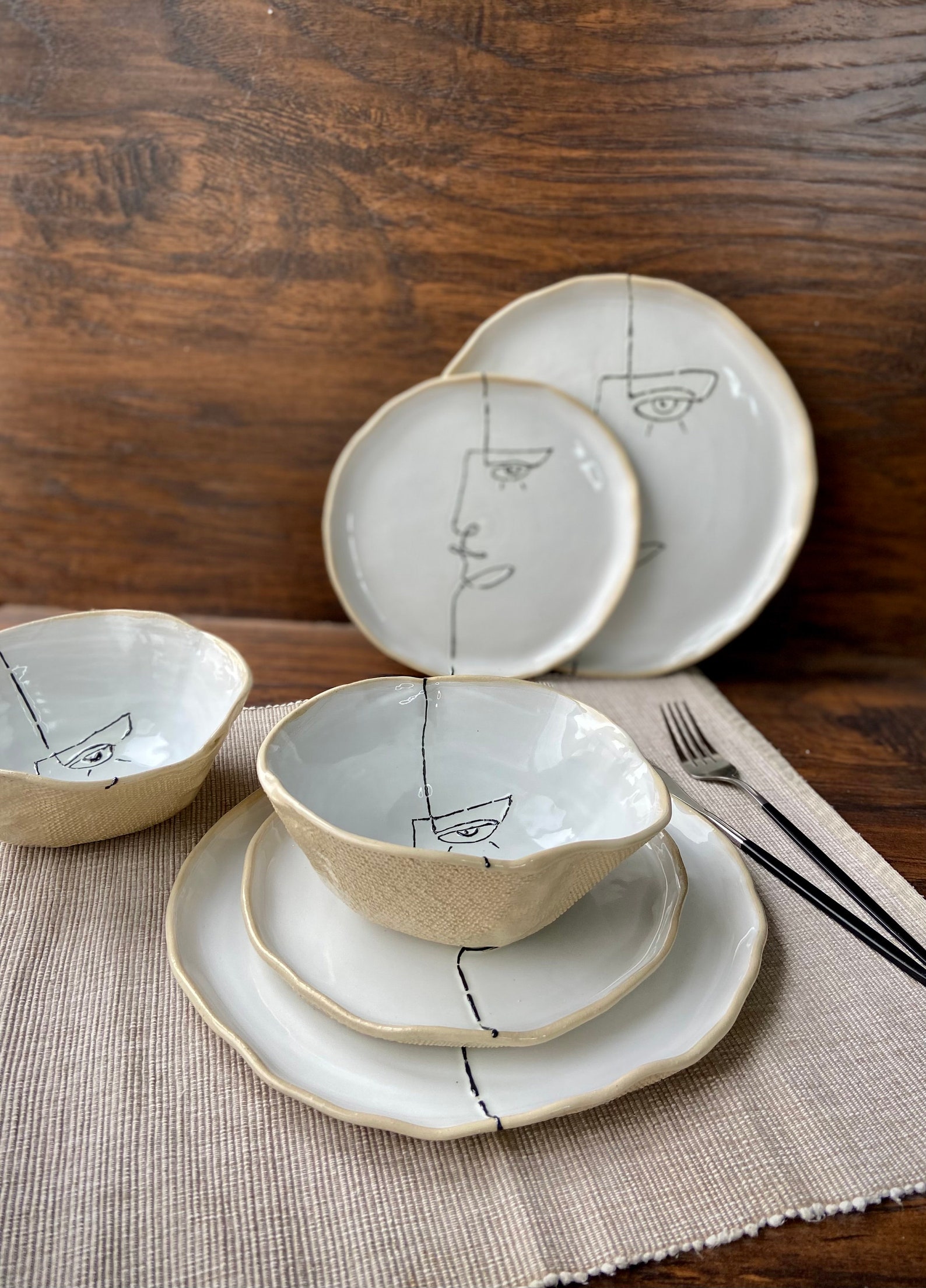 Picasso Inspired Dinnerware Set of 3 Pieces Unique Stoneware - Etsy