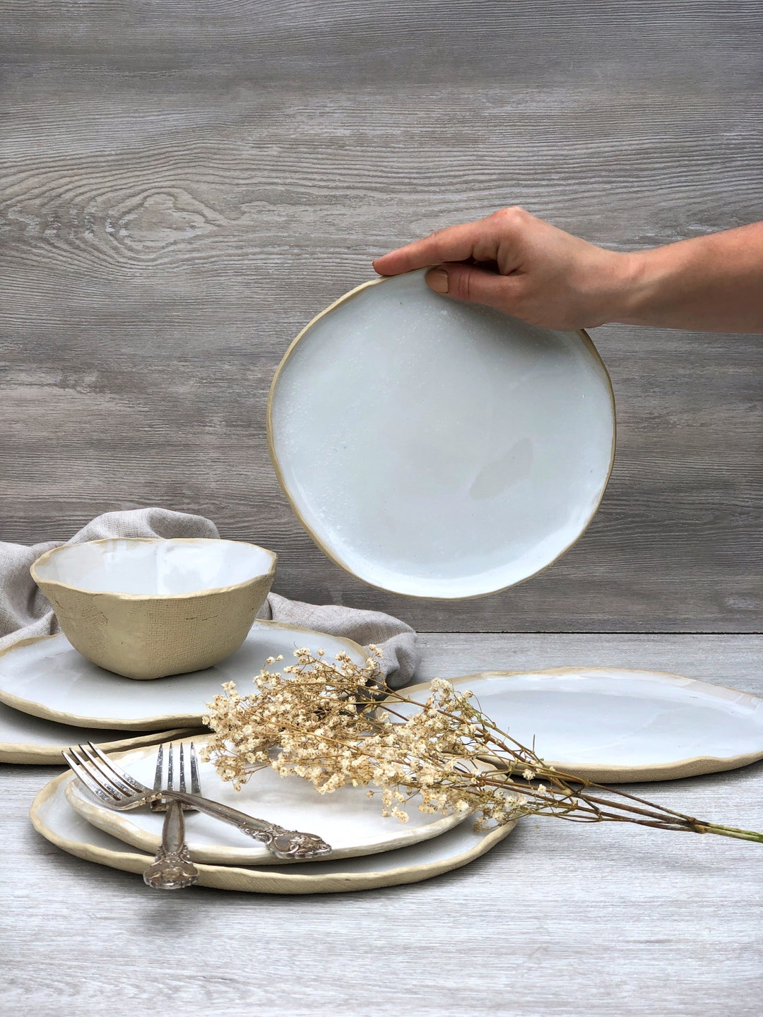White Stoneware Dinnerware Set: Modern Ceramic Serving Bowls and Plates ...