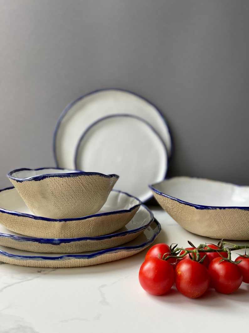 Handmade White Stoneware Dinnerware: Blue Rim Ceramic Plates & Bowls - Etsy