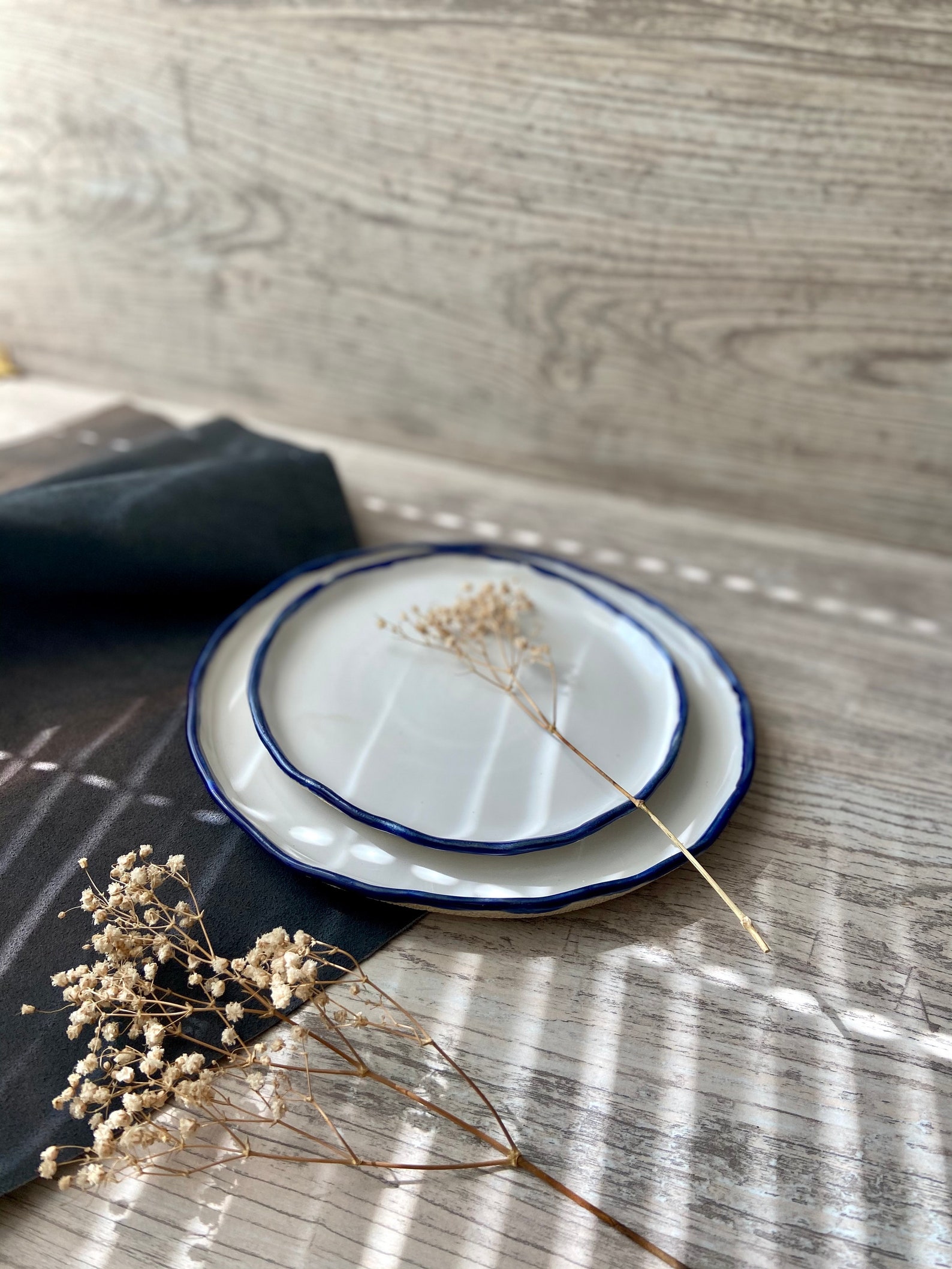 White and Blue Rim Dinnerware Set of 3 Pieces Dinner | Etsy