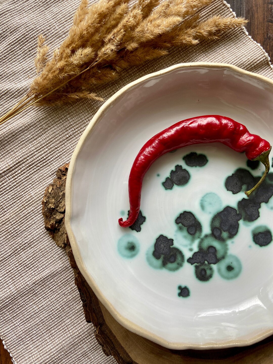 Unique Green Spotted Pasta Bowl, Ceramic Stoneware Noodles Plate ...