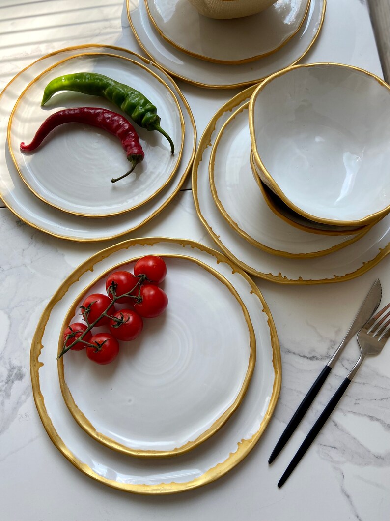 White and Gold Rim Ceramic Dinnerware Set for 4 Person, Handmade ...