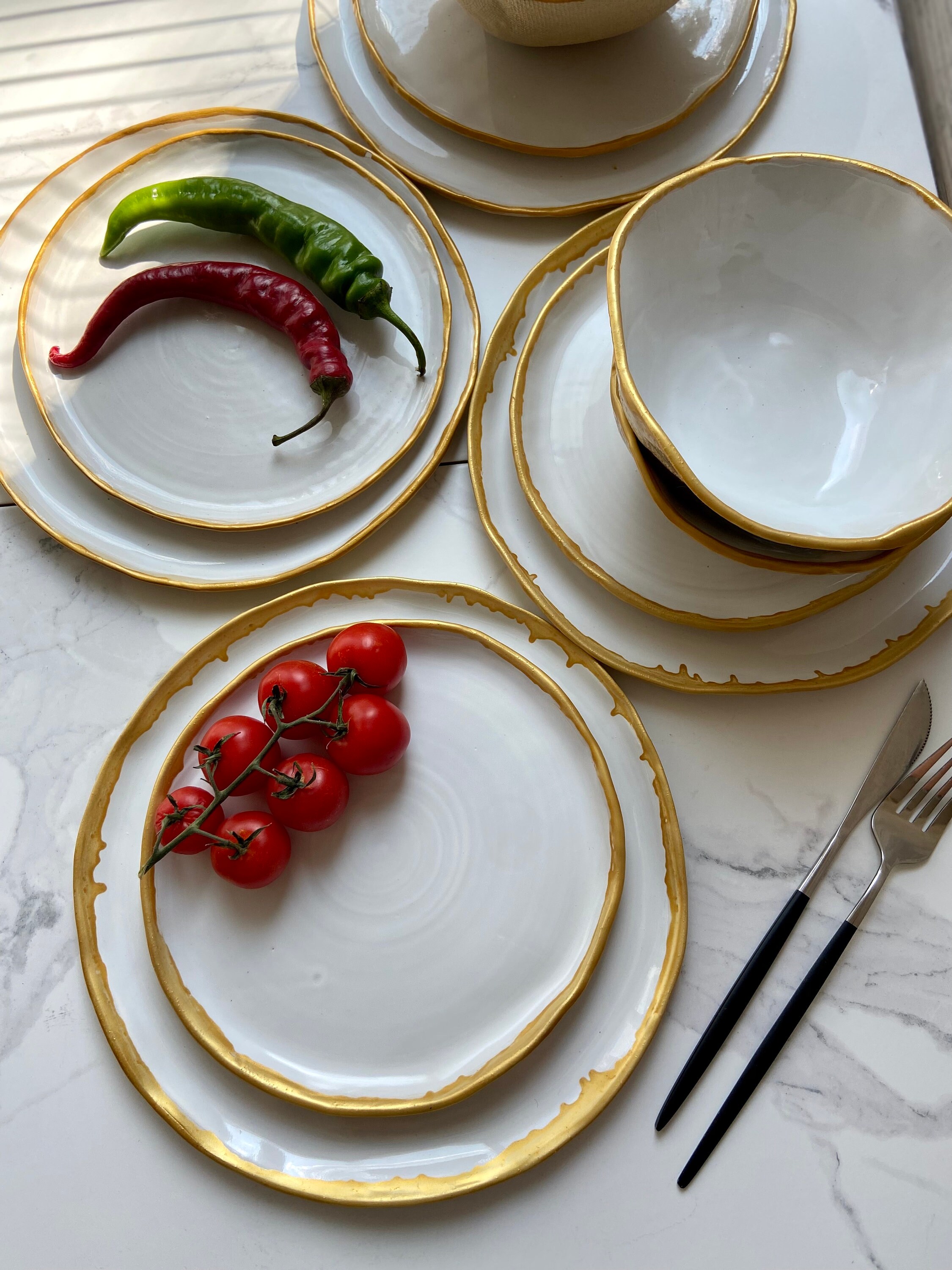 White and Gold Rim Ceramic Dinnerware Set for 4 Person, Handmade ...