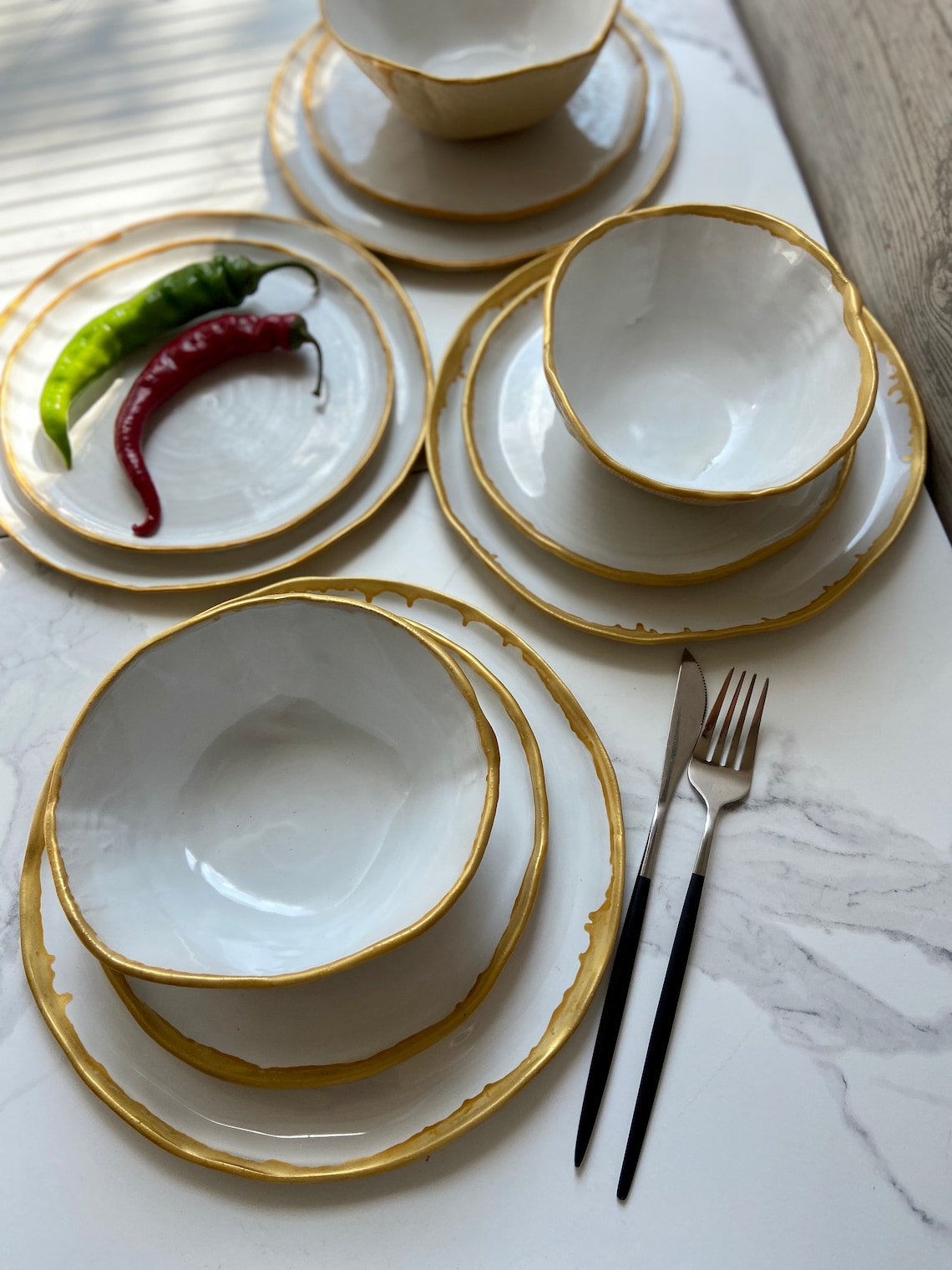 White and Gold Rim Ceramic Dinnerware Set for 4 Person - Etsy