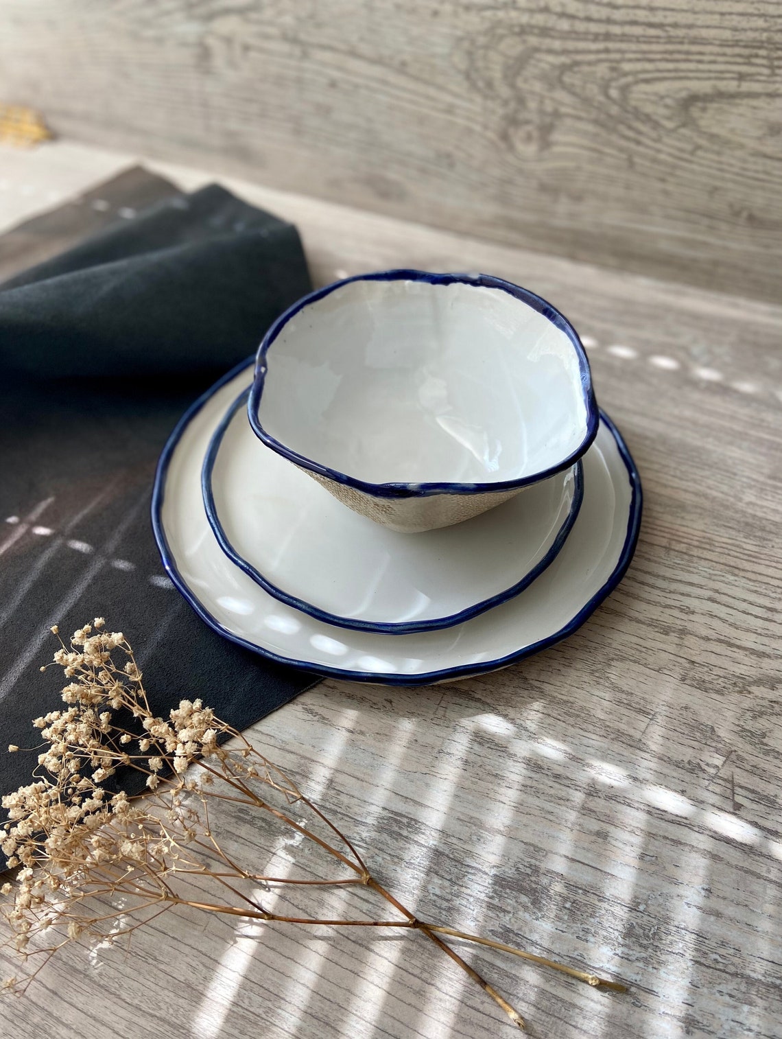 White and Blue Rim Dinnerware Set of 3 Pieces Dinner | Etsy