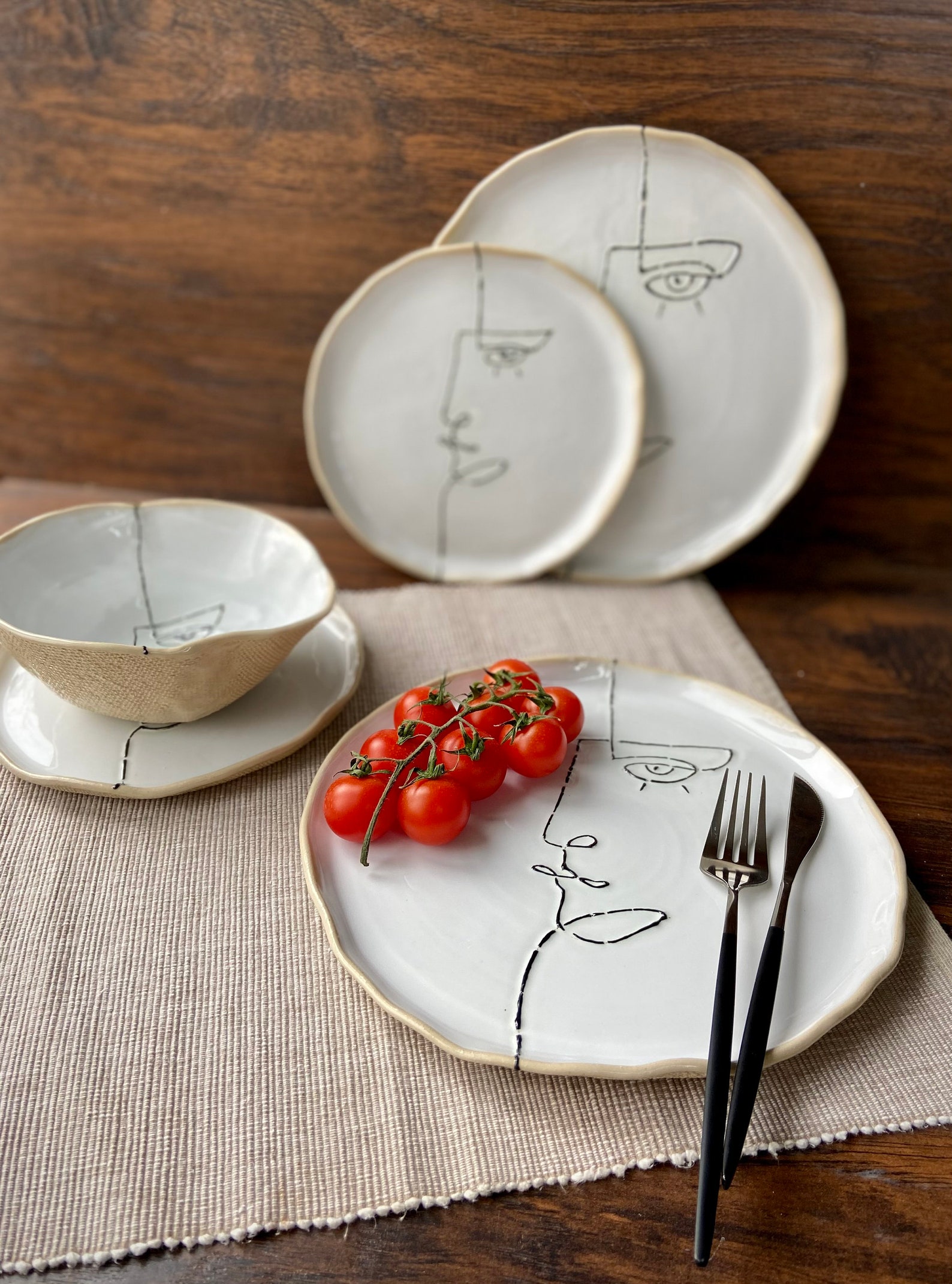 Picasso Inspired Dinnerware Set of 3 Pieces Unique Stoneware - Etsy