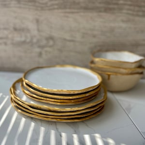 White and Gold Rim Ceramic Dinnerware Set for 4 Person, Handmade ...