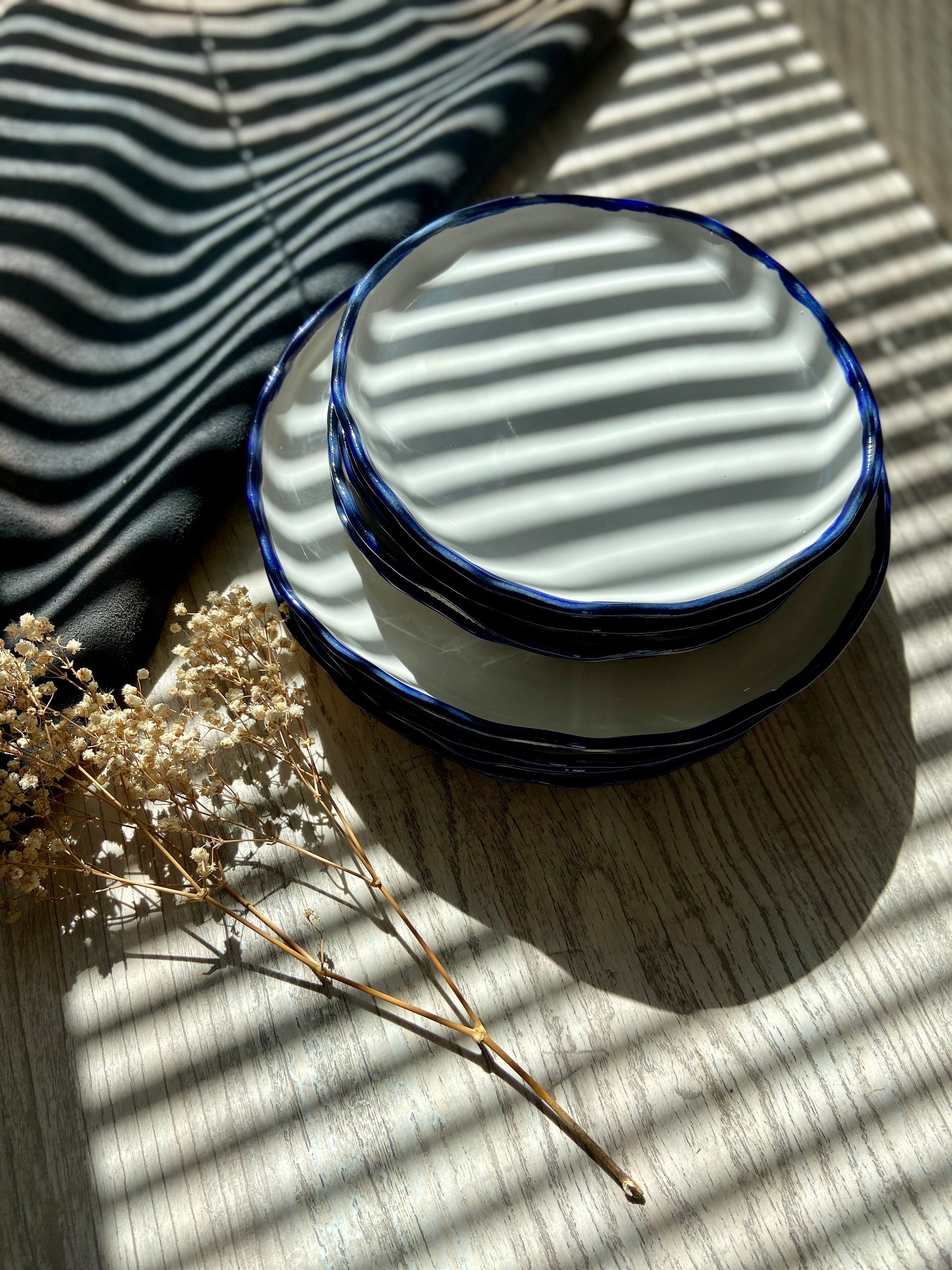 White and Blue Rim Dinnerware Set of 3 Pieces, Dinner Snack/dessert ...