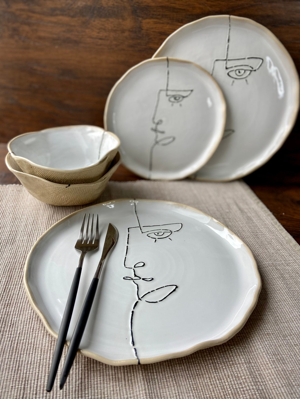 Picasso Inspired Dinnerware Set of 3 Pieces Unique Stoneware - Etsy