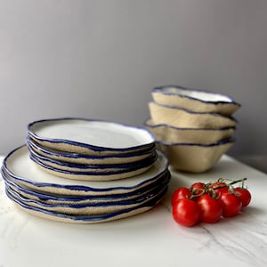 Modern White and Blue Rim Dinnerware Set for 4 12 Pieces, Stoneware ...