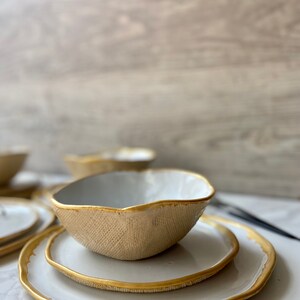 White and Gold Rim Ceramic Dinnerware Set for 4 Person, Handmade ...