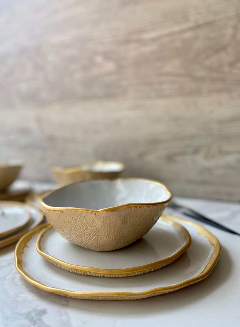 White and Gold Rim Ceramic Dinnerware Set for 4 Person - Etsy