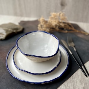 White and Blue Rim Dinnerware Set of 3 Pieces, Dinner Snack/dessert ...