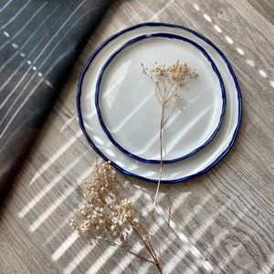 White and Blue Rim Dinnerware Set of 3 Pieces, Dinner Snack/dessert ...