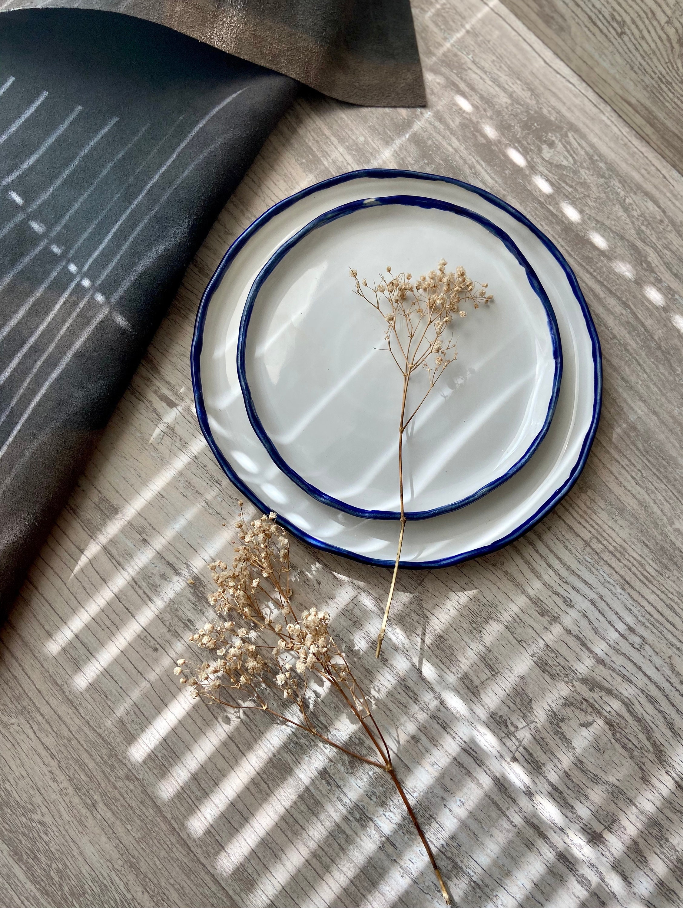 White and Blue Rim Dinnerware Set of 3 Pieces, Dinner Snack/dessert ...