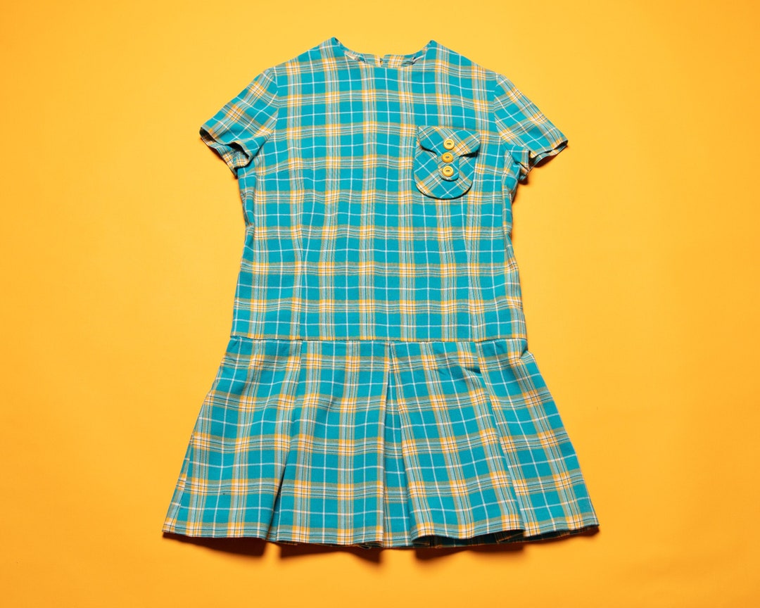 Vintage Girl Dress 60's Blue Plaid Low Waist Pleated Skirt Mod Dress ...