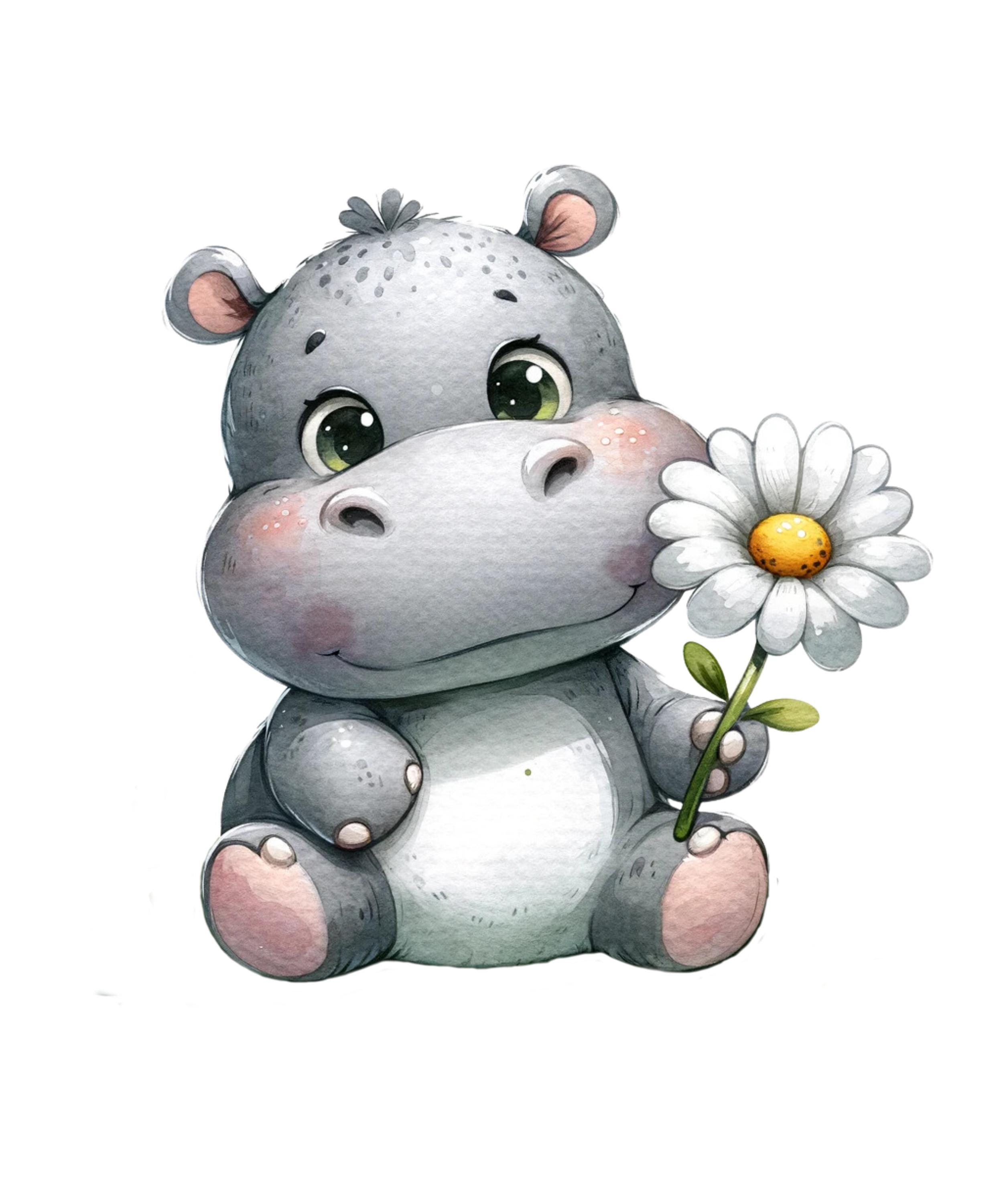 Cute Hippo With Flower Watercolor Clipart PNG, Adorable Animal Art ...