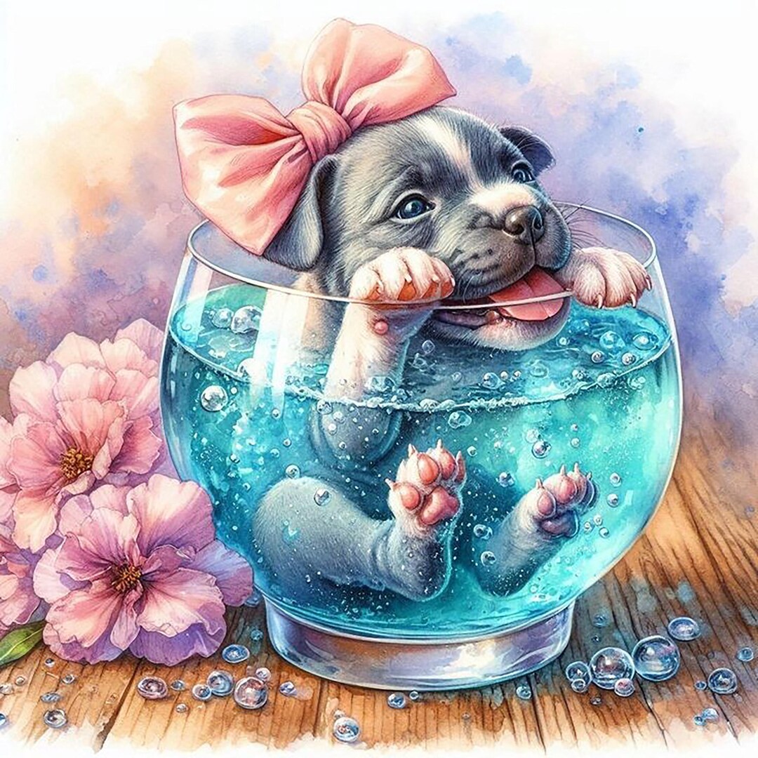 Cute Puppy in a Cup Clipart With Pink Bow, Adorable Dog Graphic, Kawaii ...