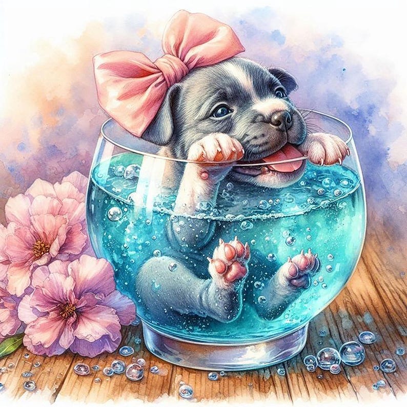 Cute Puppy in a Cup Clipart With Pink Bow, Adorable Dog Graphic, Kawaii ...