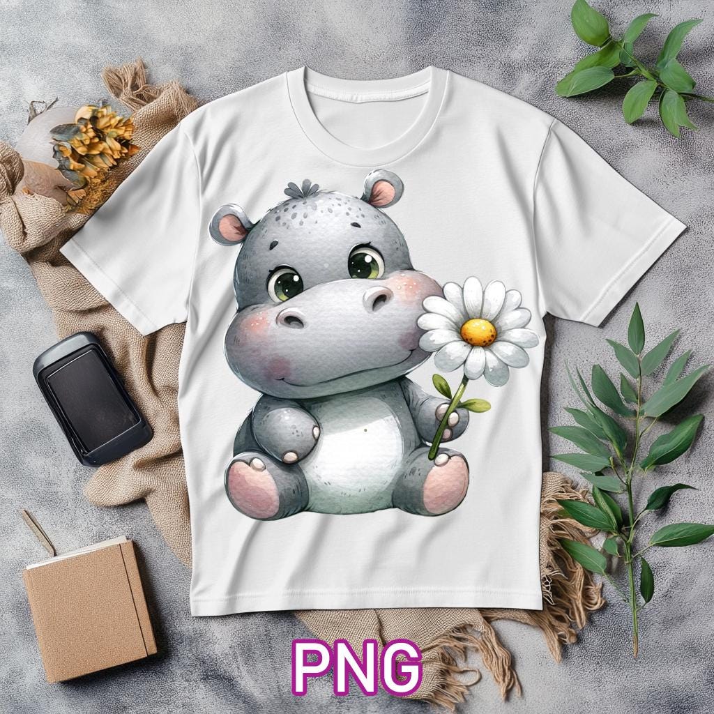 Cute Hippo With Flower Watercolor Clipart PNG, Adorable Animal Art ...