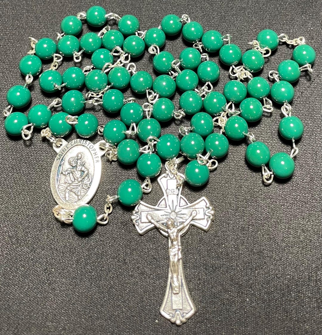 Green St. Christopher Glass Bead Rosary. - Etsy