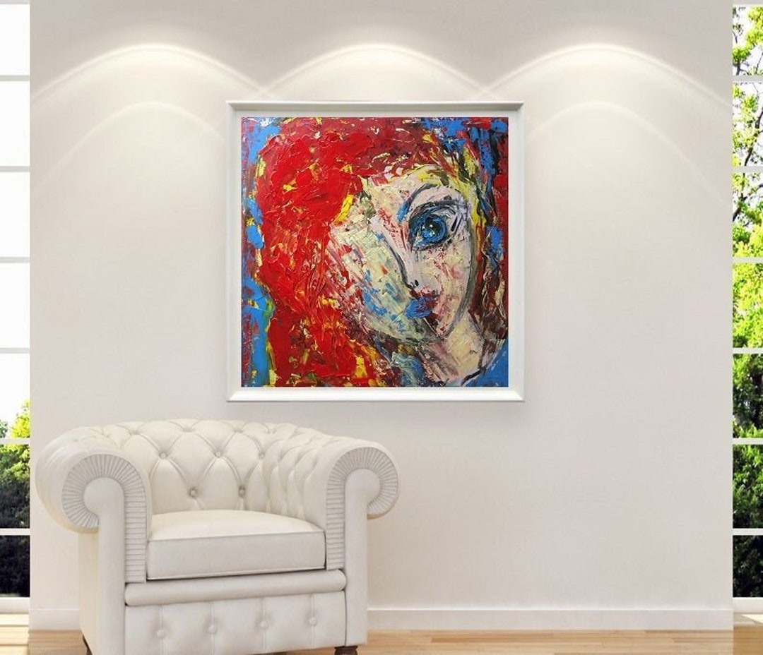 Portrait Painting ORIGINAL Oil Acrilic Woman Girl Painting Color Red ...
