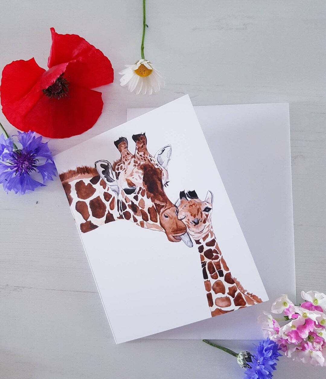 Card Giraffe Family, Folded Card With Envelope, Card Baby Giraffe, Card ...