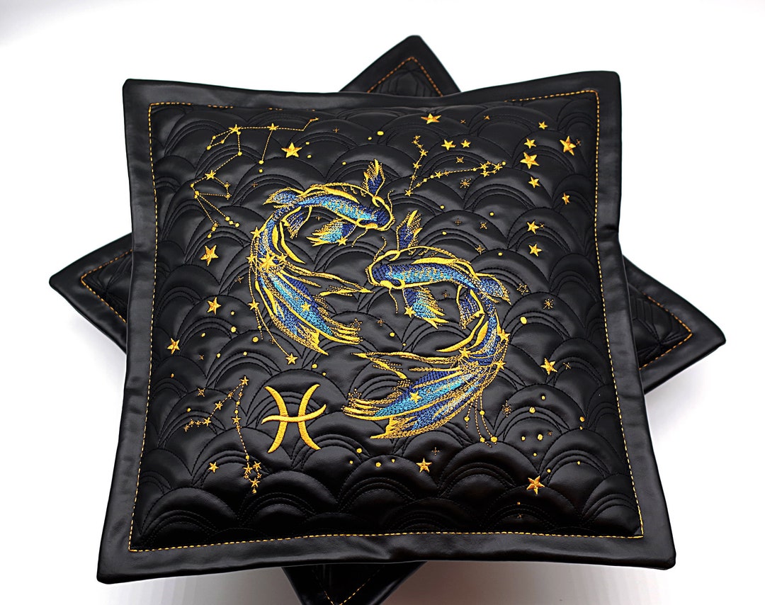 Embroidered Pisces Zodiac Sashiko Pillow, Astrology Quilt, Embroidery ...