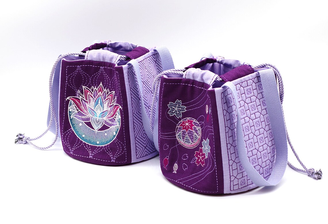 Lotus Flower Fan Komebukuro Sashiko Purple Japanese Drawstring Bag ...