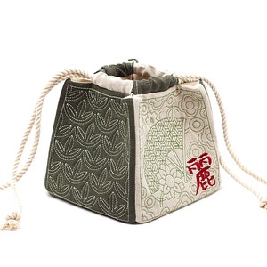 Gray Green Japanese Drawstring Pouch - Kanji Komebukuro - Sashiko Quilt ...