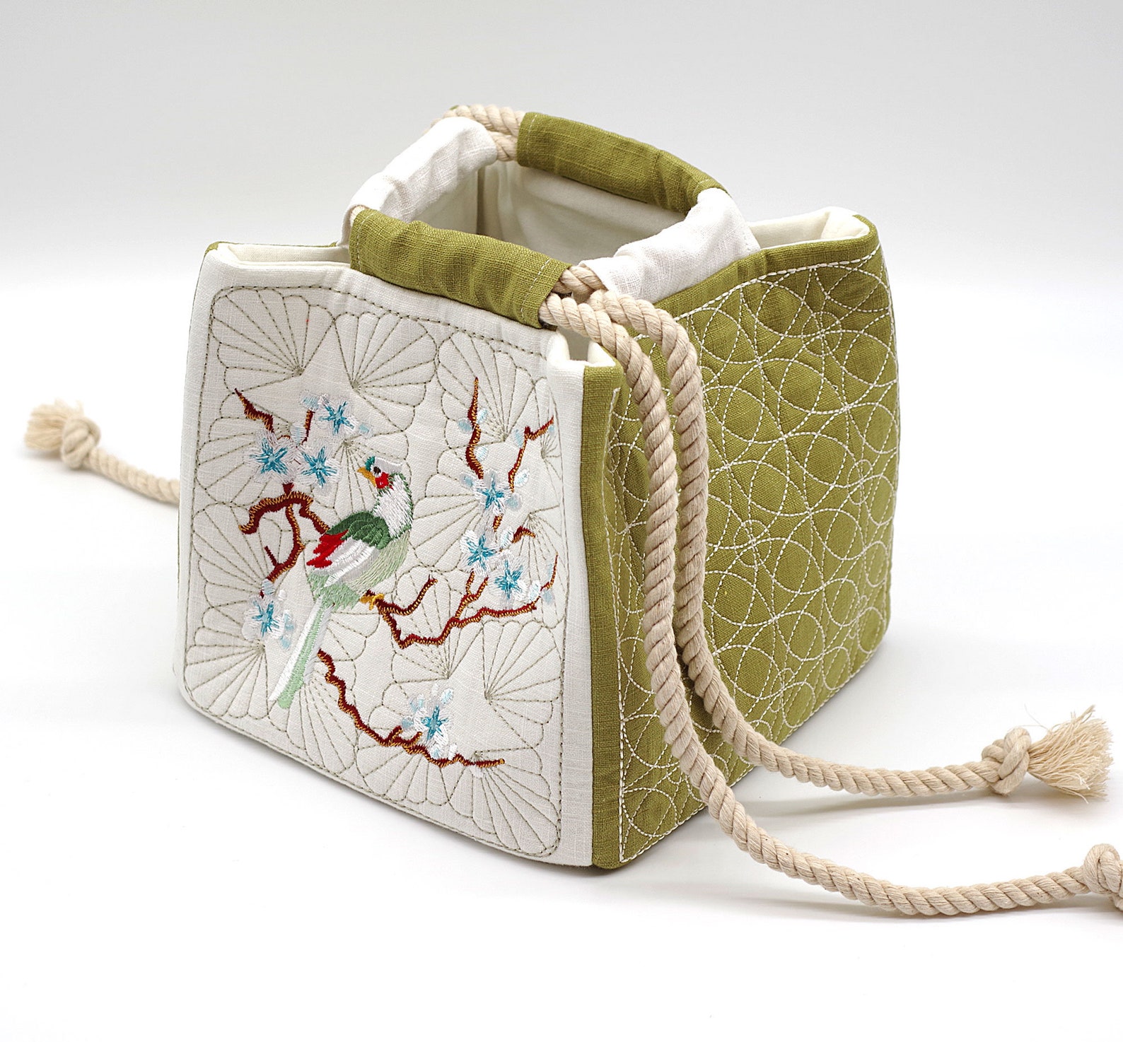 Green Japanese Drawstring Pouch - Komebukuro - Sashiko Quilt ...