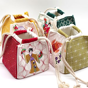 Dark Green Japanese Drawstring Pouch - Komebukuro - Sashiko Quilt ...