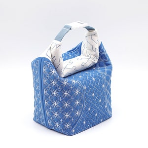 Sashiko Lunch Bag Drawstring Bag, Bento Box, Coral & Blue White, Jersey Komebukuro, Embroidery ...