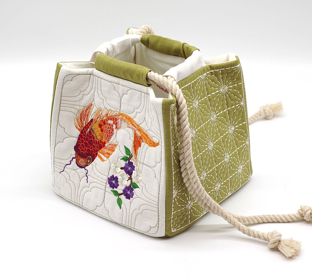 Green Japanese Drawstring Pouch - Komebukuro - Sashiko Quilt ...