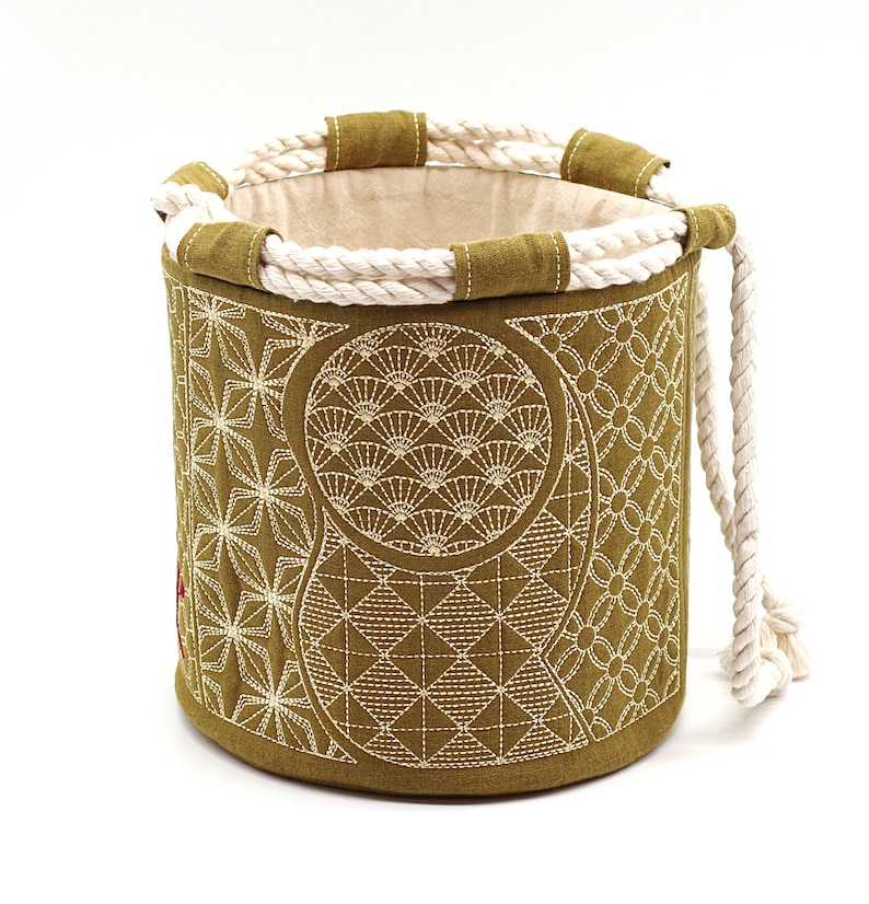 Khaki Japanese Drawstring Pouch ROUND - Kanji Komebukuro - Sashiko ...