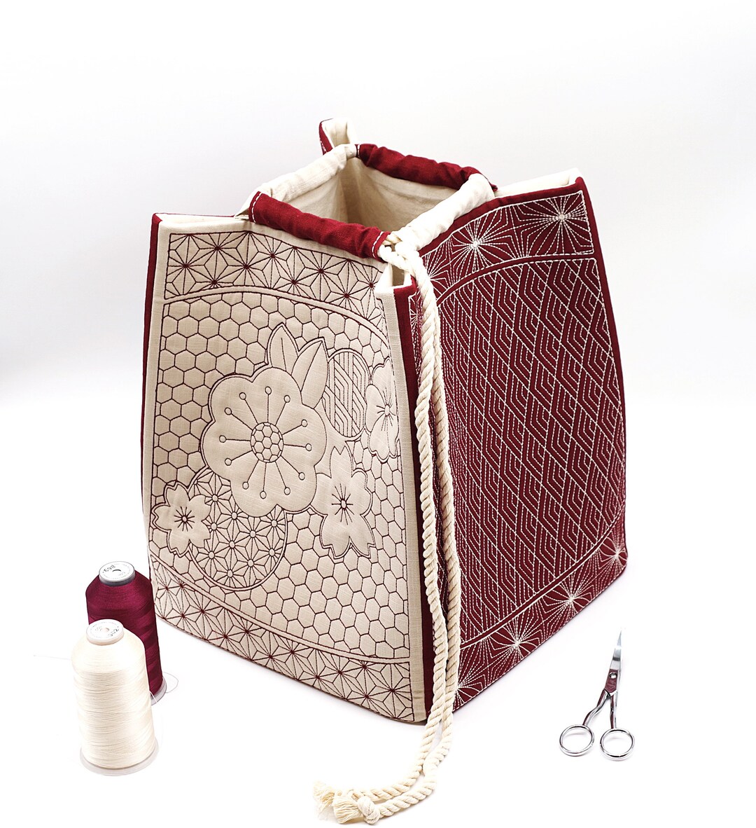 Red-white XXL Japanese Drawstring Pouch - Komebukuro - Sashiko Quilt ...